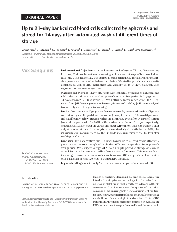 (PDF) Up to 21-day banked red blood cells collected by apheresis and ...