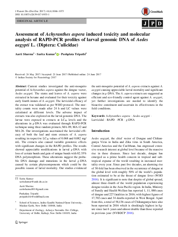 (PDF) Assessment of Achyranthes aspera induced toxicity and molecular analysis of RAPD-PCR ...
