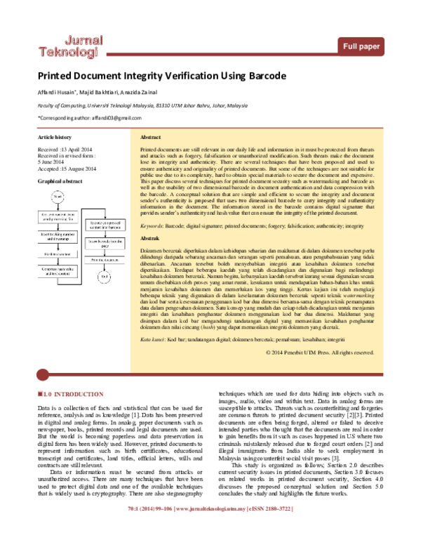 (PDF) Printed Document Integrity Verification Using Barcode