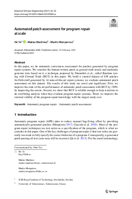 (PDF) Automated patch assessment for program repair at scale