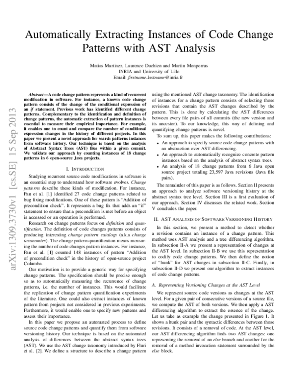 (PDF) Automatically Extracting Instances of Code Change Patterns with AST Analysis