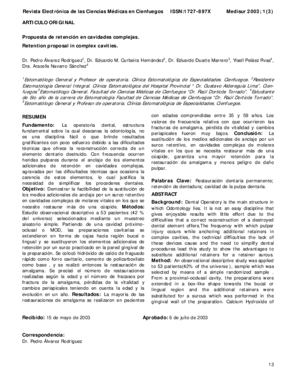 Pdf Propuesta De Retención En Cavidades Complejas