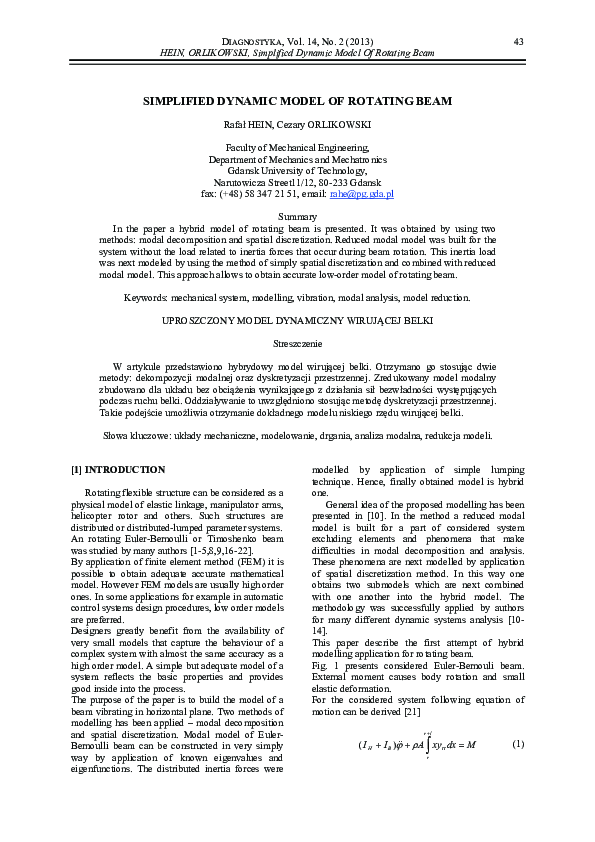 (PDF) Simplified dynamic model of rotating beam