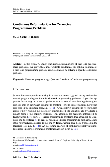 (PDF) Continuous Reformulations for Zero–One Programming Problems