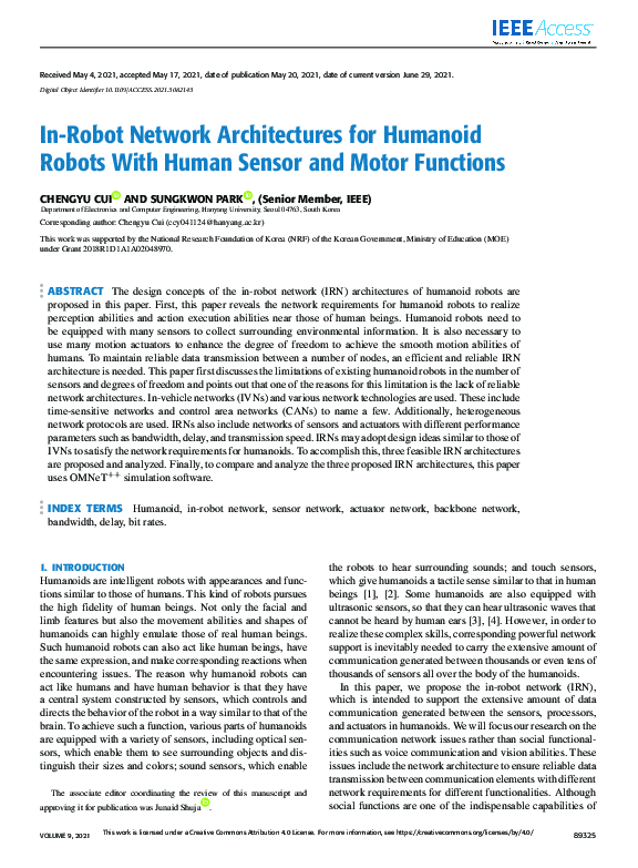 (PDF) In-Robot Network Architectures for Humanoid Robots With Human Sensor and Motor Functions
