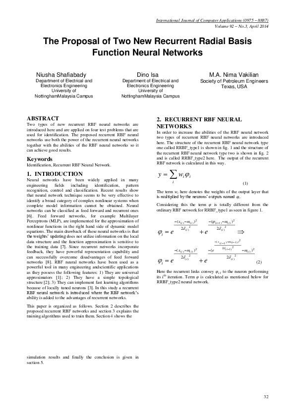 Pdf The Proposal Of Two New Recurrent Radial Basis Function Neural Networks Niusha