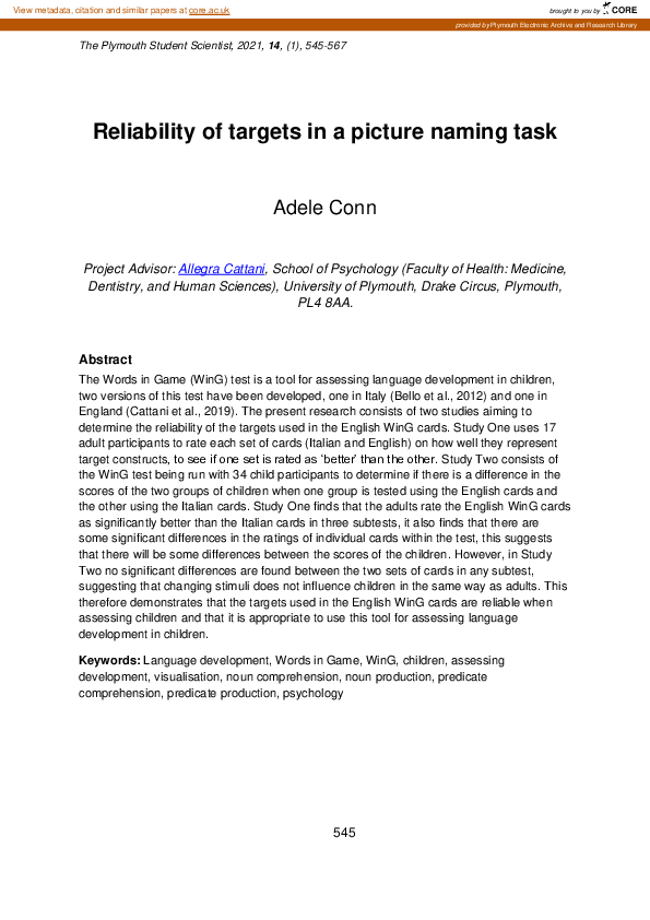 (PDF) Reliability of targets in a picture naming task | Adele Conn ...