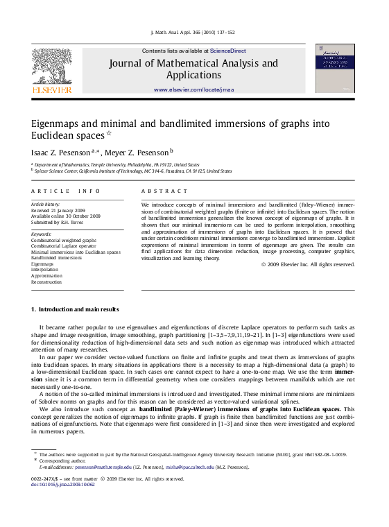 (PDF) Eigenmaps and minimal and bandlimited immersions of graphs into Euclidean spaces