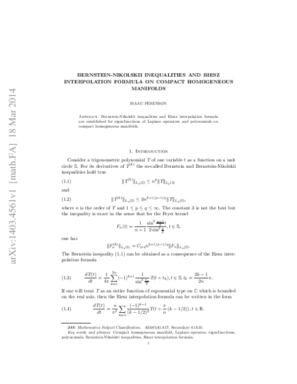 (PDF) Bernstein-Nikolski inequality and Riesz interpolation Formula on compact homogeneous manifolds