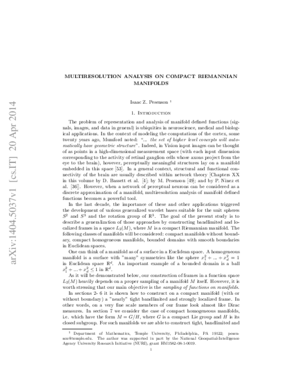 (PDF) Multiresolution Analysis on Compact Riemannian Manifolds