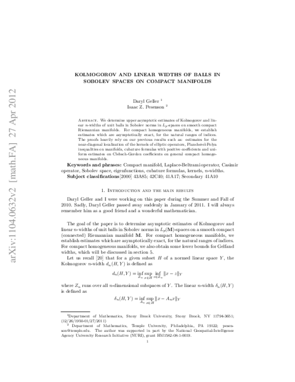 Pdf Kolmogorov And Linear Widths Of Balls In Sobolev Spaces On Compact Manifolds Isaac