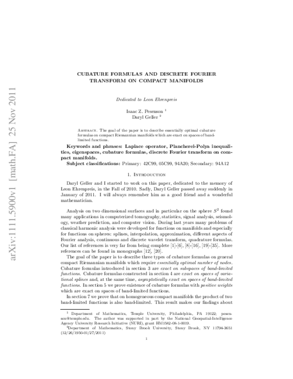 Pdf Cubature Formulas And Discrete Fourier Transform On Compact Manifolds Isaac Pesenson