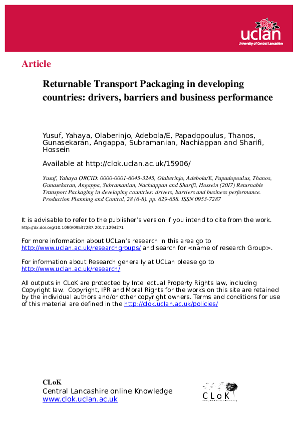 (PDF) Returnable transport packaging in developing countries: drivers, barriers and business ...