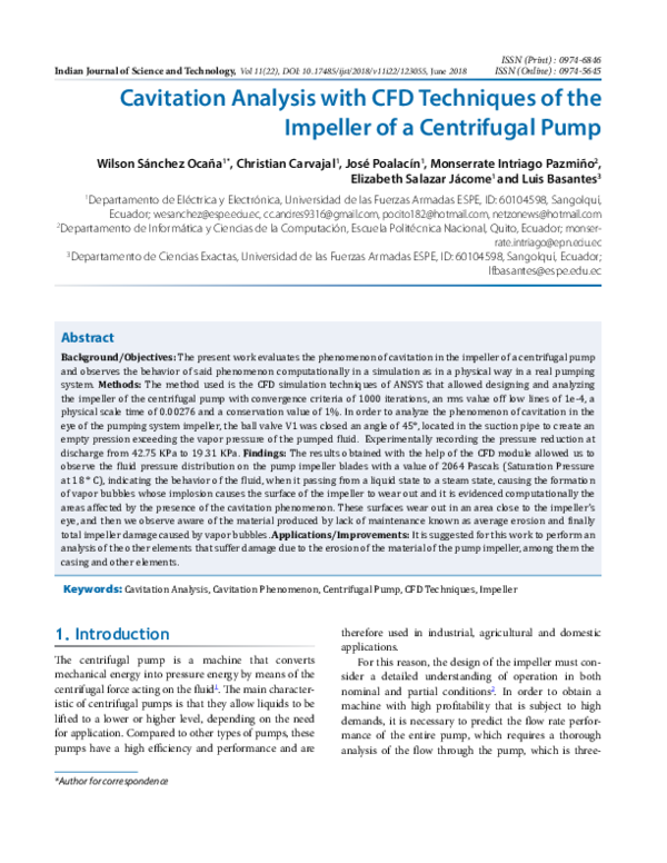 (PDF) Cavitation Analysis with CFD Techniques of the Impeller of a Centrifugal Pump