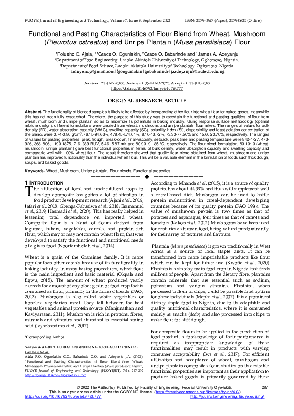 (PDF) Functional and Pasting Characteristics of Flour Blend from Wheat, Mushroom (Pleurotus ...