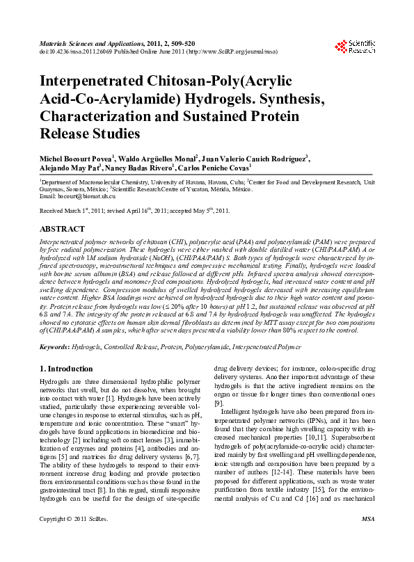 (PDF) Interpenetrated Chitosan-Poly(Acrylic Acid-Co-Acrylamide) Hydrogels. Synthesis ...