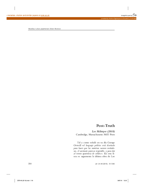 (PDF) Post-Truth. Lee McIntyre (2018)
