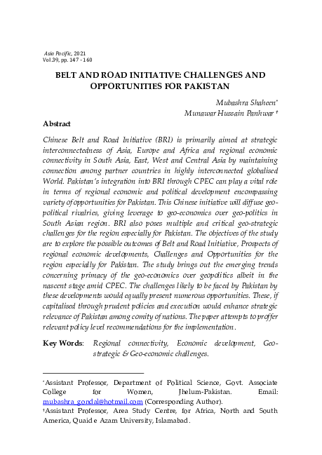 (PDF) BELT AND ROAD INITIATIVE: CHALLENGES AND OPPORTUNITIES FOR PAKISTAN