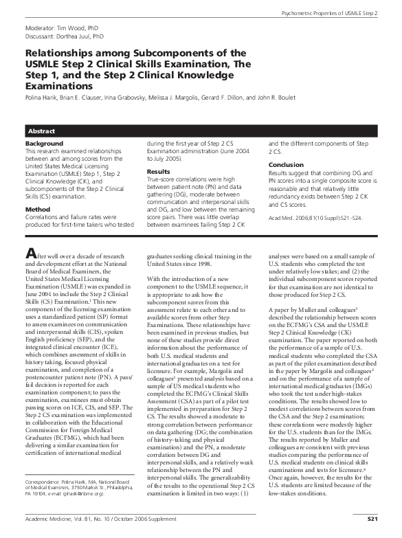 (PDF) Relationships among Subcomponents of the USMLE Step 2 Clinical ...