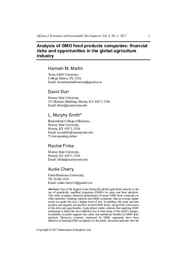 (PDF) Analysis of GMO food products companies: financial risks and opportunities in the global ...