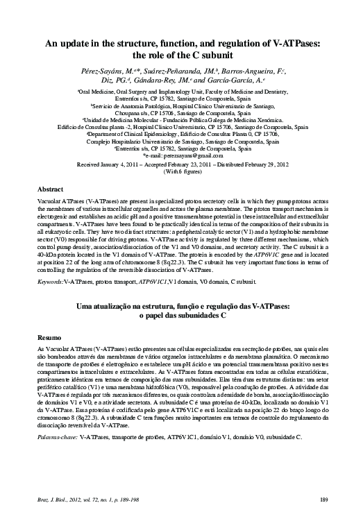 (PDF) An update in the structure, function, and regulation of V-ATPases: the role of the C subunit