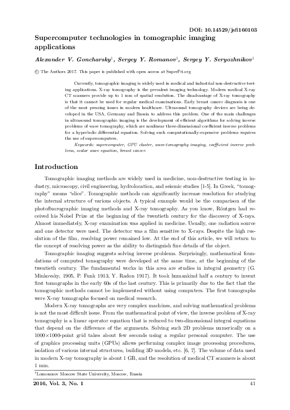 (PDF) Supercomputer technologies in tomographic imaging applications