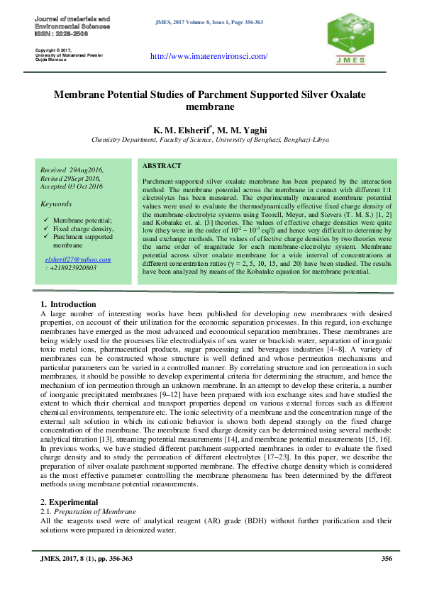 (PDF) Membrane Potential Studies of Parchment Supported Silver Oxalate ...