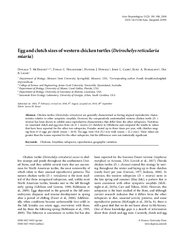 (PDF) Egg and clutch sizes of western chicken turtles (Deirochelys ...