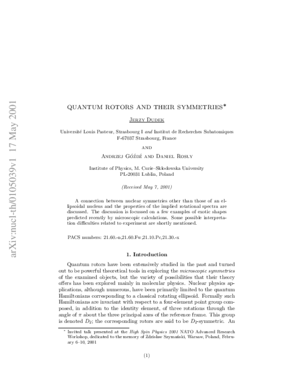 (PDF) Quantum Rotors and Their Symmetries | Jerzy Dudek - Academia.edu