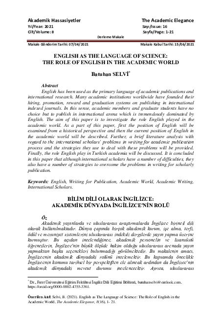 (PDF) English as the Language of Science: The Role of English in the ...