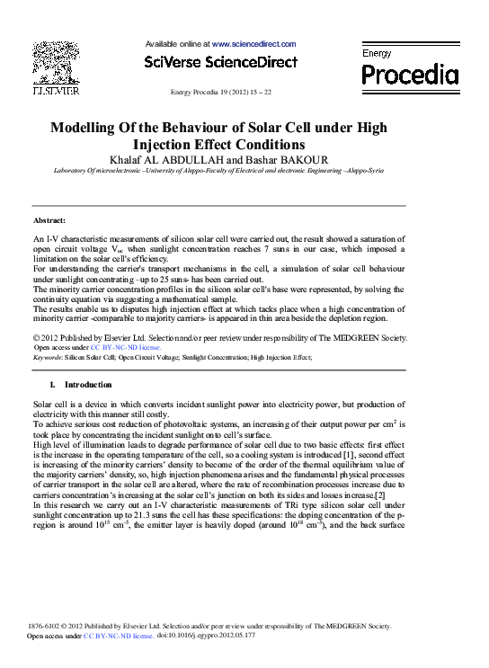 Pdf Modelling Of The Behaviour Of Solar Cell Under High Injection