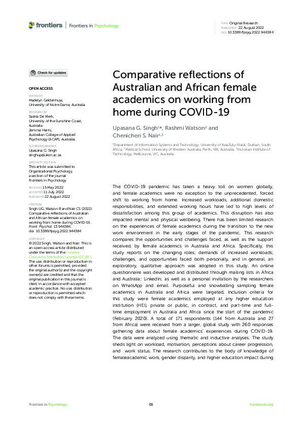 (PDF) Comparative reflections of Australian and African female academics on working from home ...