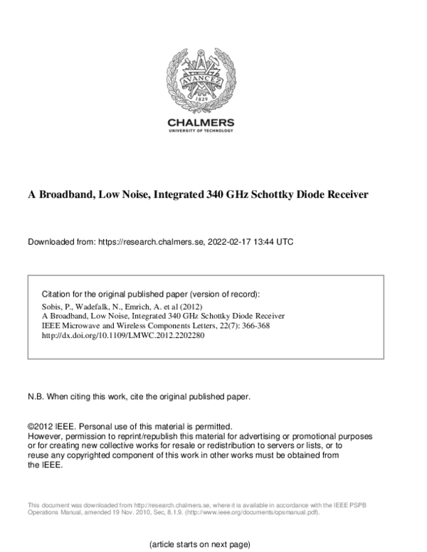 (PDF) A Broadband, Low Noise, Integrated 340 GHz Schottky Diode Receiver