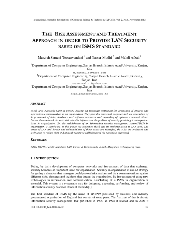 (PDF) The Risk Assessment And Treatment Approach In Order To Provide Lan Security Based On Isms ...