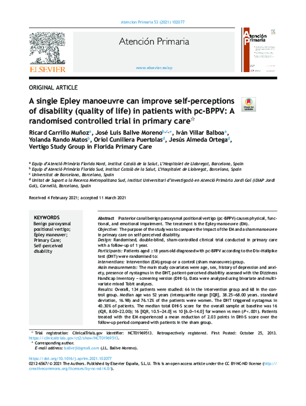 (PDF) A single Epley manoeuvre can improve self-perceptions of disability (quality of life) in ...