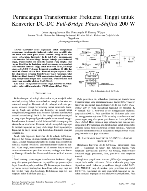 (PDF) Perancangan Transformator Frekuensi Tinggi untuk Konverter DC-DC ...