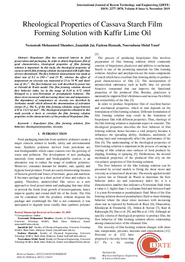 (PDF) Rheological Properties of Cassava Starch Film Forming Solution with Kaffir Lime Oil