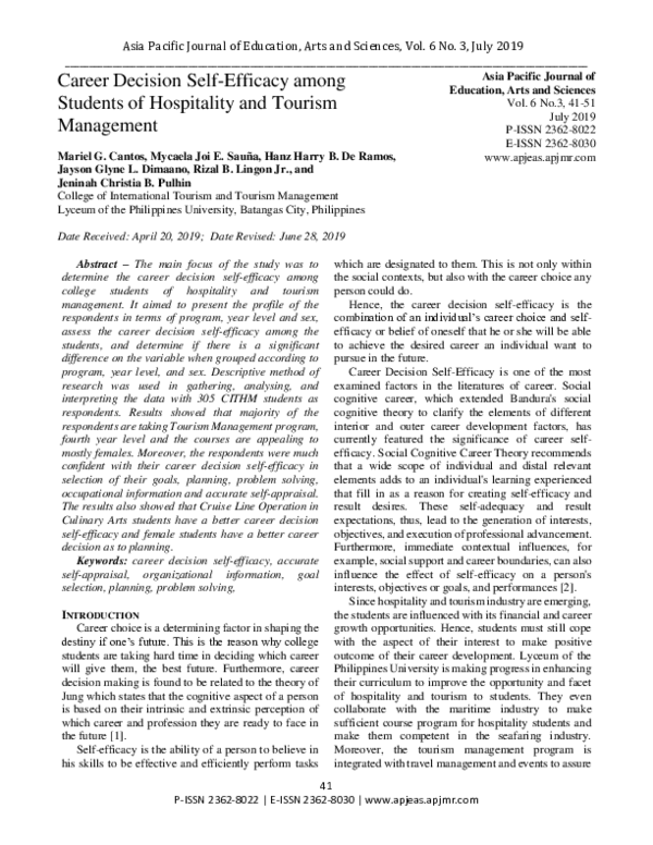(PDF) Career Decision Self-Efficacy among Students of Hospitality and Tourism Management