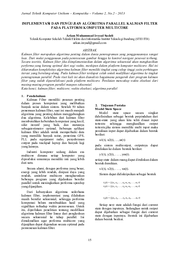 (PDF) Implementasi Dan Pengujian Algoritma Parallel Kalman Filter Pada Platform Komputer Multicore