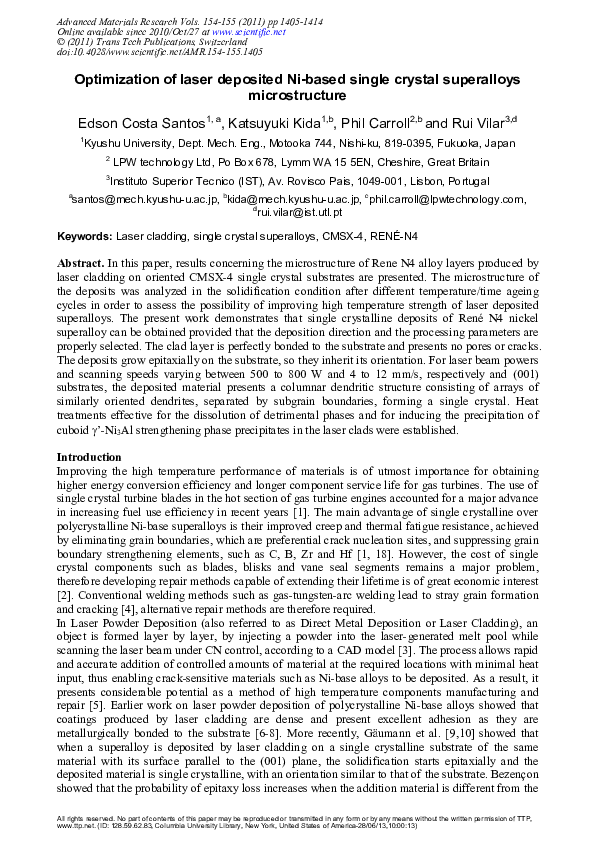 (PDF) Optimization of Laser Deposited Ni-Based Single Crystal Superalloys Microstructure
