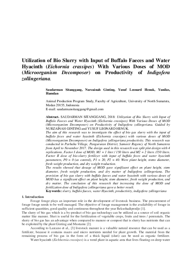 (PDF) Utilization of Bio Slurry with Input of Buffalo Faeces and Water ...