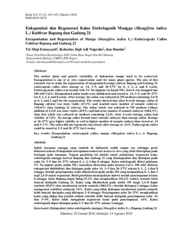(PDF) Enkapsulasi dan Regenerasi Kalus Embriogenik Mangga (Mangifera ...