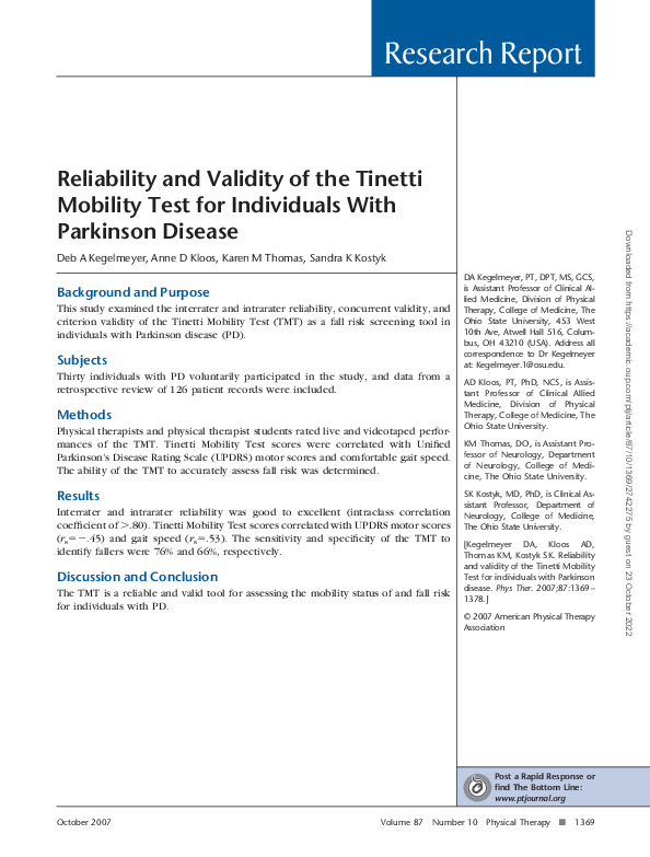 (PDF) Reliability and Validity of the Tinetti Mobility Test for ...