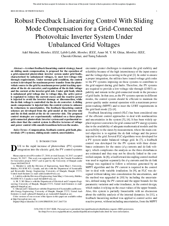 (PDF) Robust Feedback Linearizing Control With Sliding Mode Compensation for a Grid-Connected ...