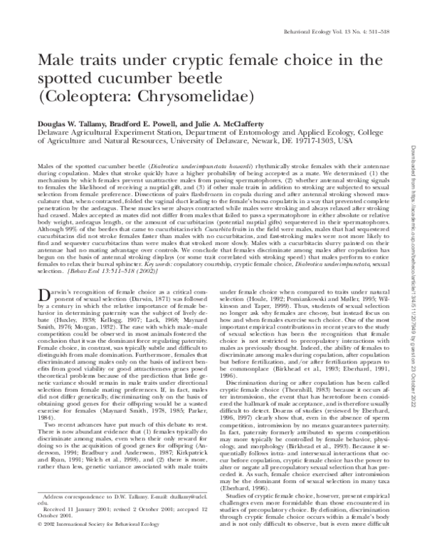 (PDF) Male traits under cryptic female choice in the spotted cucumber ...