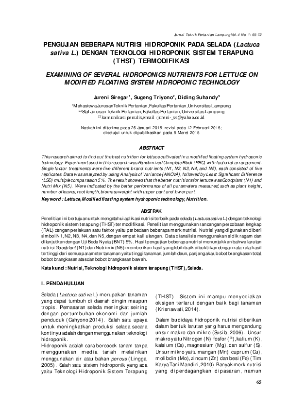 (PDF) PENGUJIAN BEBERAPA NUTRISI HIDROPONIK PADA SELADA (Lactuca sativa L.) DENGAN TEKNOLOGI ...