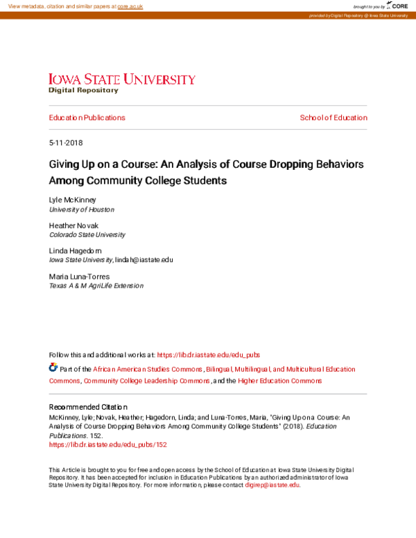 Pdf Giving Up On A Course An Analysis Of Course Dropping Behaviors