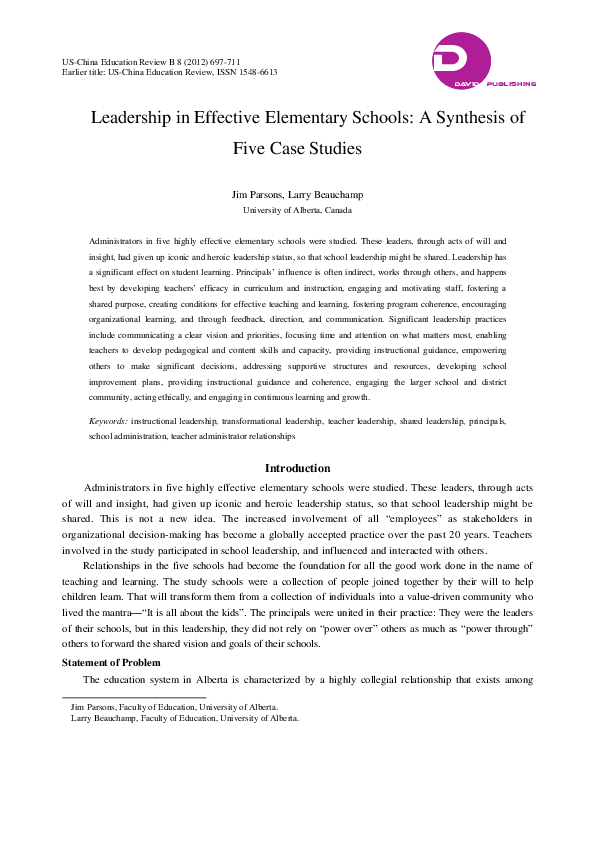 (PDF) Leadership in Effective Elementary Schools: A Synthesis of Five ...