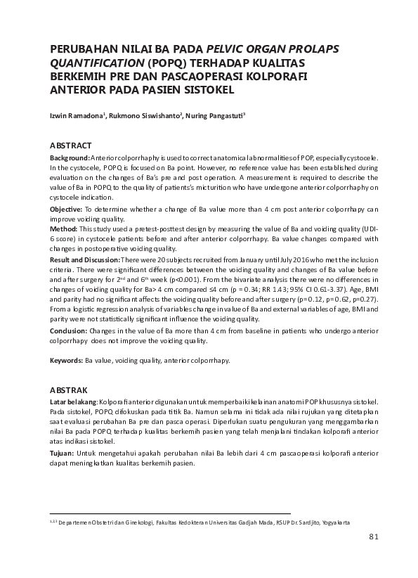 (PDF) Perubahan Nilai BA pada Pelvic Organ Prolaps Quantification (POPQ ...