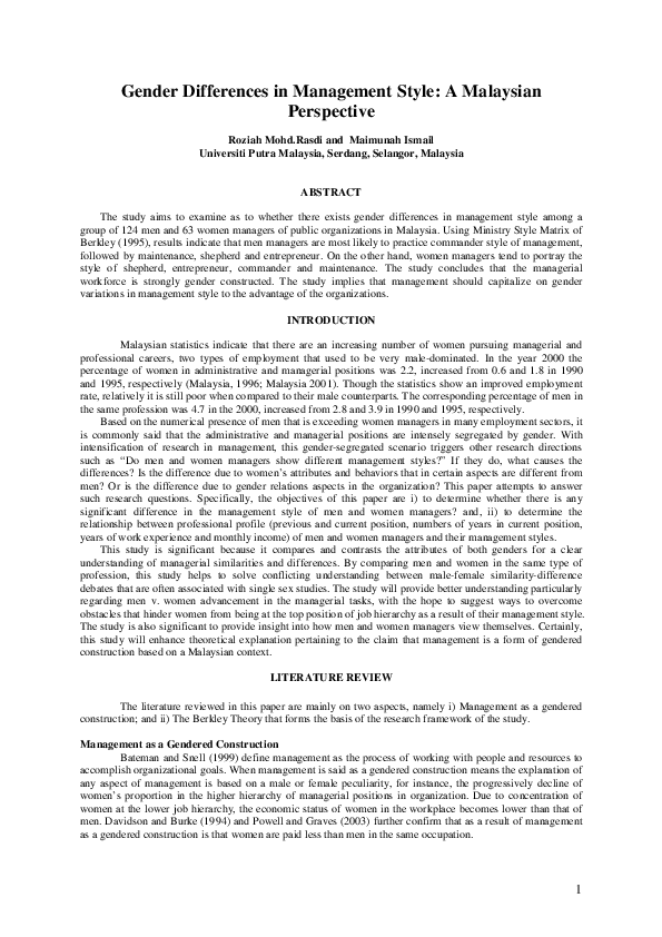 (PDF) Gender Differences in Management Style: A Malaysian Perspective